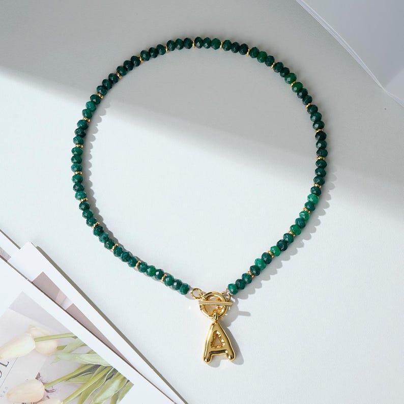 Emerald Gemstone Beaded Gold Initial Necklace, Personalized Dainty ...