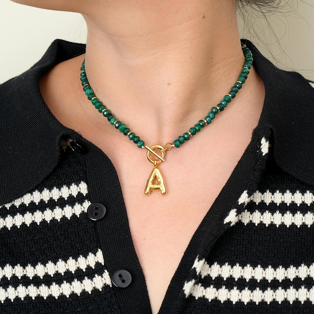 Emerald Gemstone Beaded Gold Initial Necklace, Personalized Dainty ...