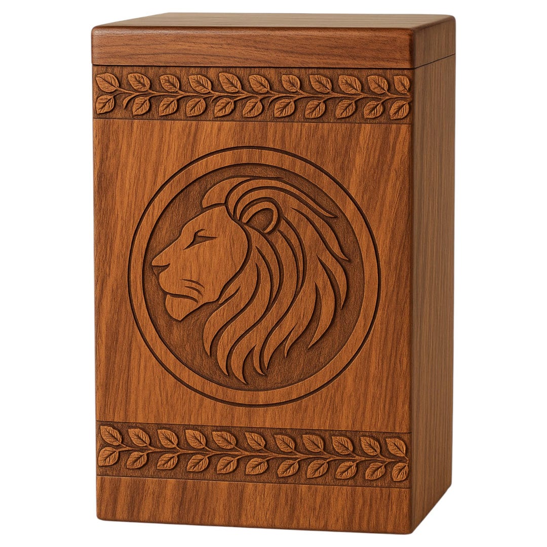 Lion Engraved Wooden Cremation Urn: Strength & Courage Memorial ...