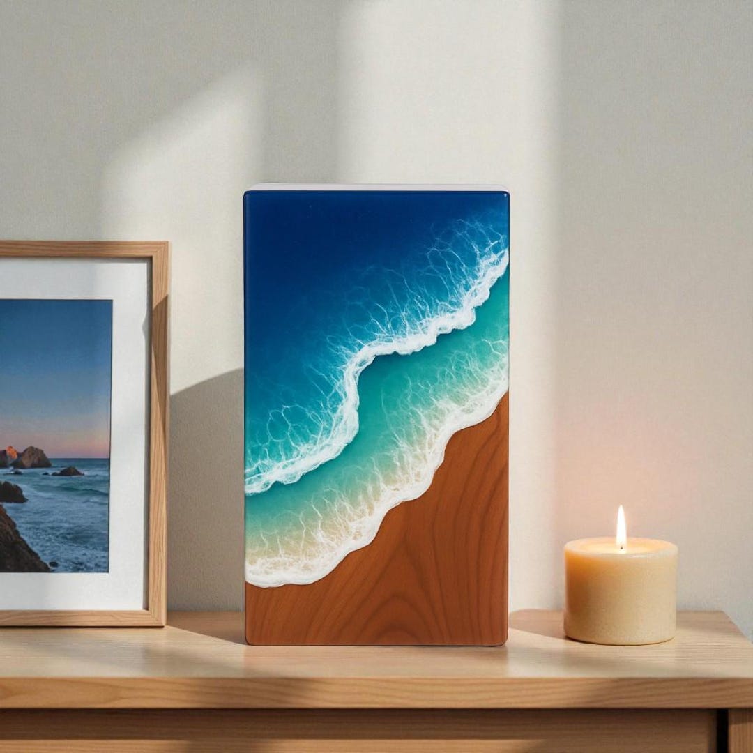 Handmade Ocean Wave Resin Art Urn Box – Teak Wood Memorial Keepsake ...