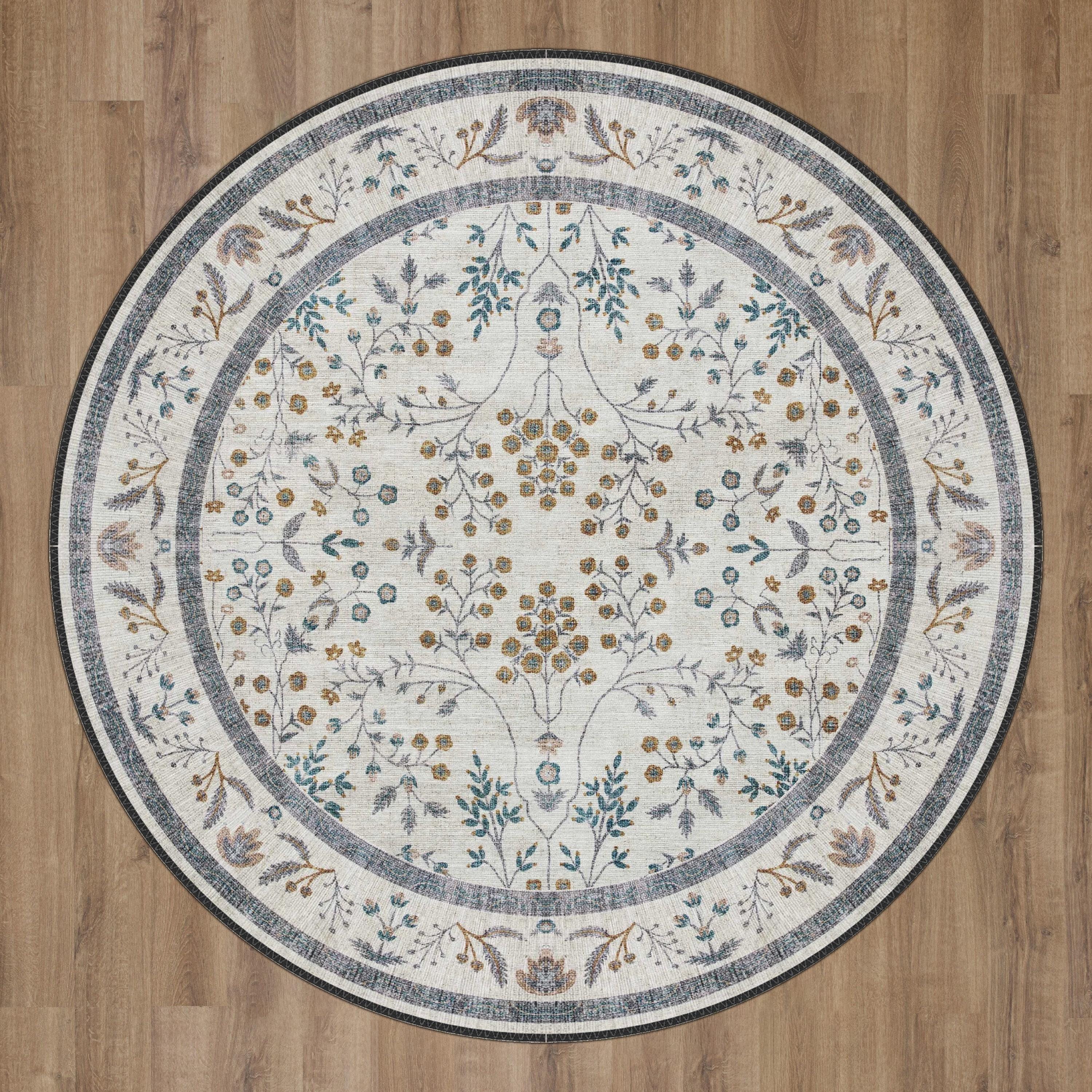 Boho Chic Elegance Round Floral Rug, Turkish Round Unique Rug, Washable ...