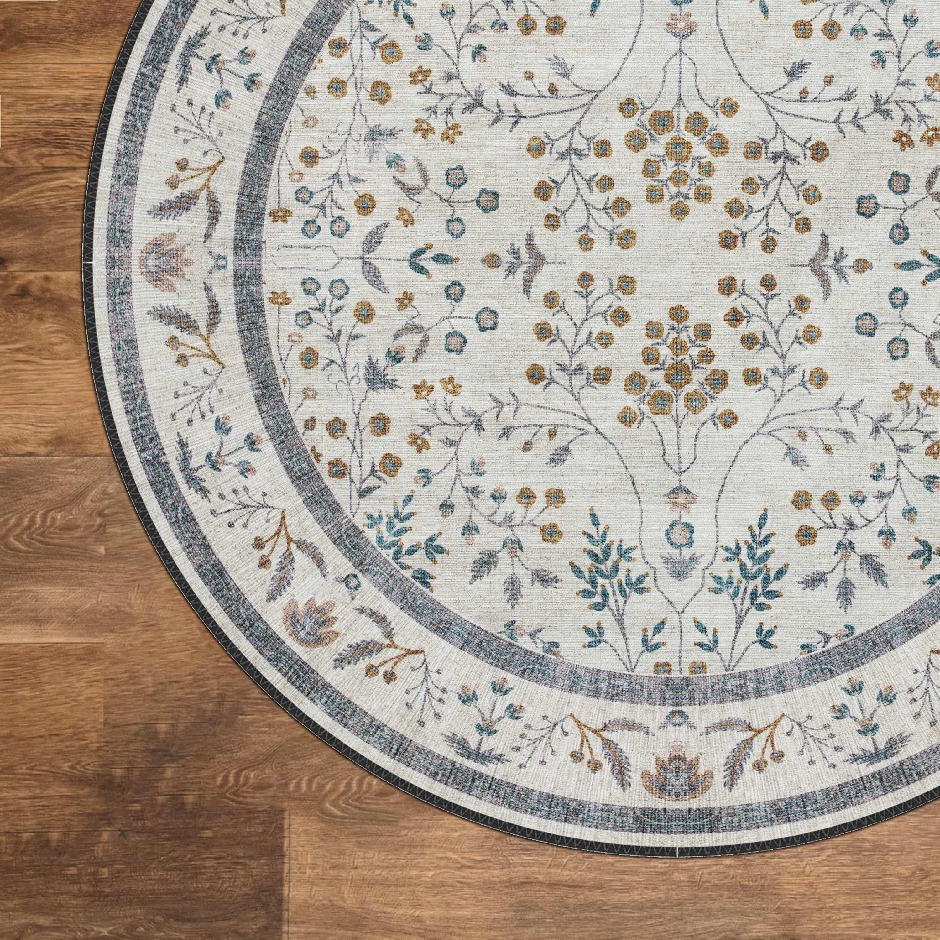 Boho Chic Elegance Round Floral Rug, Turkish Round Unique Rug, Washable ...