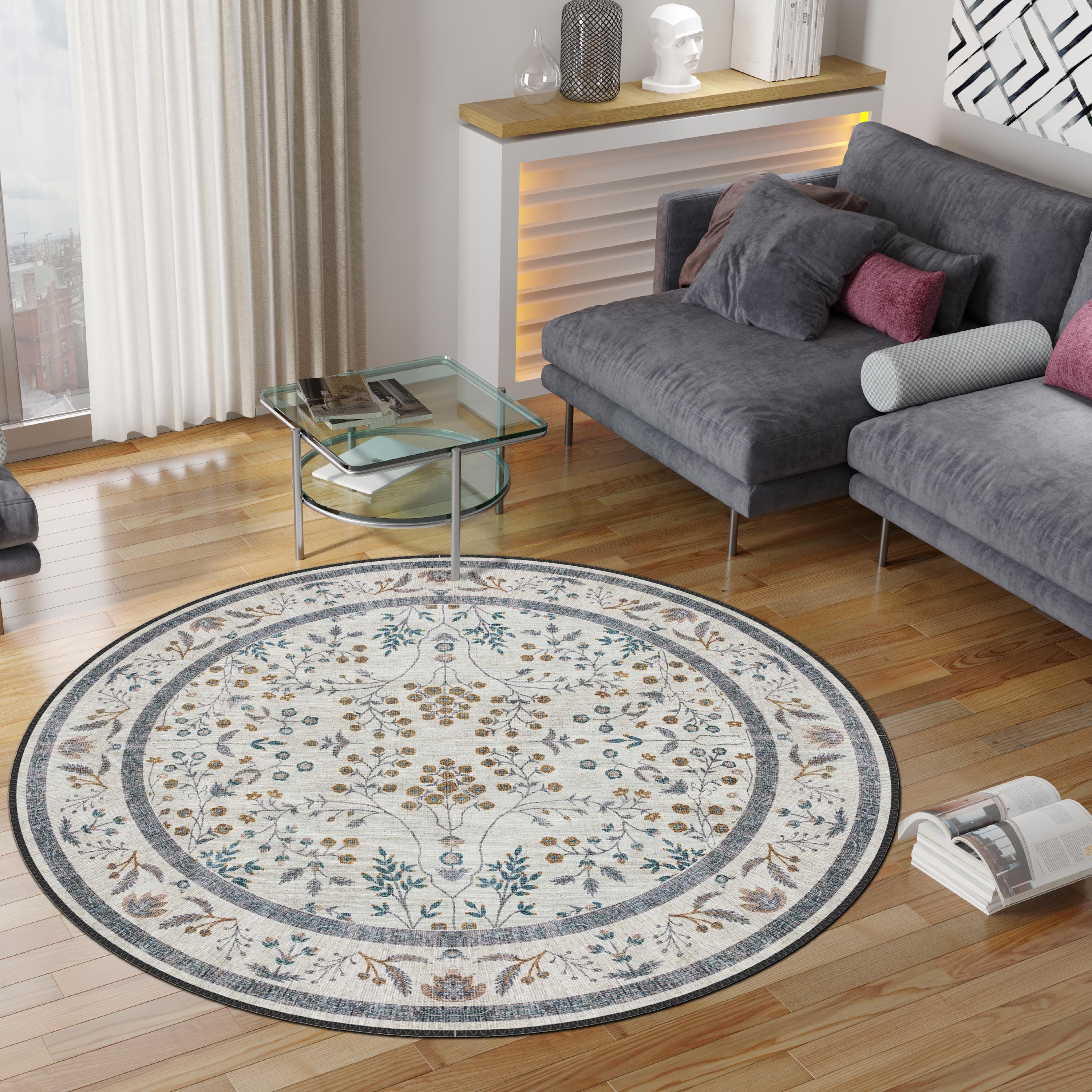 Boho Chic Elegance Round Floral Rug, Turkish Round Unique Rug, Washable ...