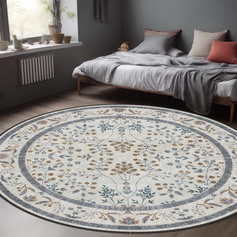 Boho Chic Elegance Round Floral Rug, Turkish Round Unique Rug, Washable ...
