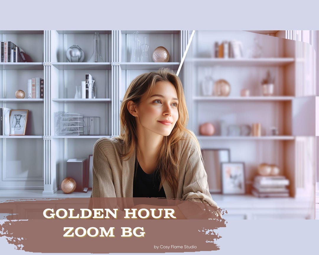 Bookshelf Zoom Background | Golden Hour Home Office Backdrop With Soft ...