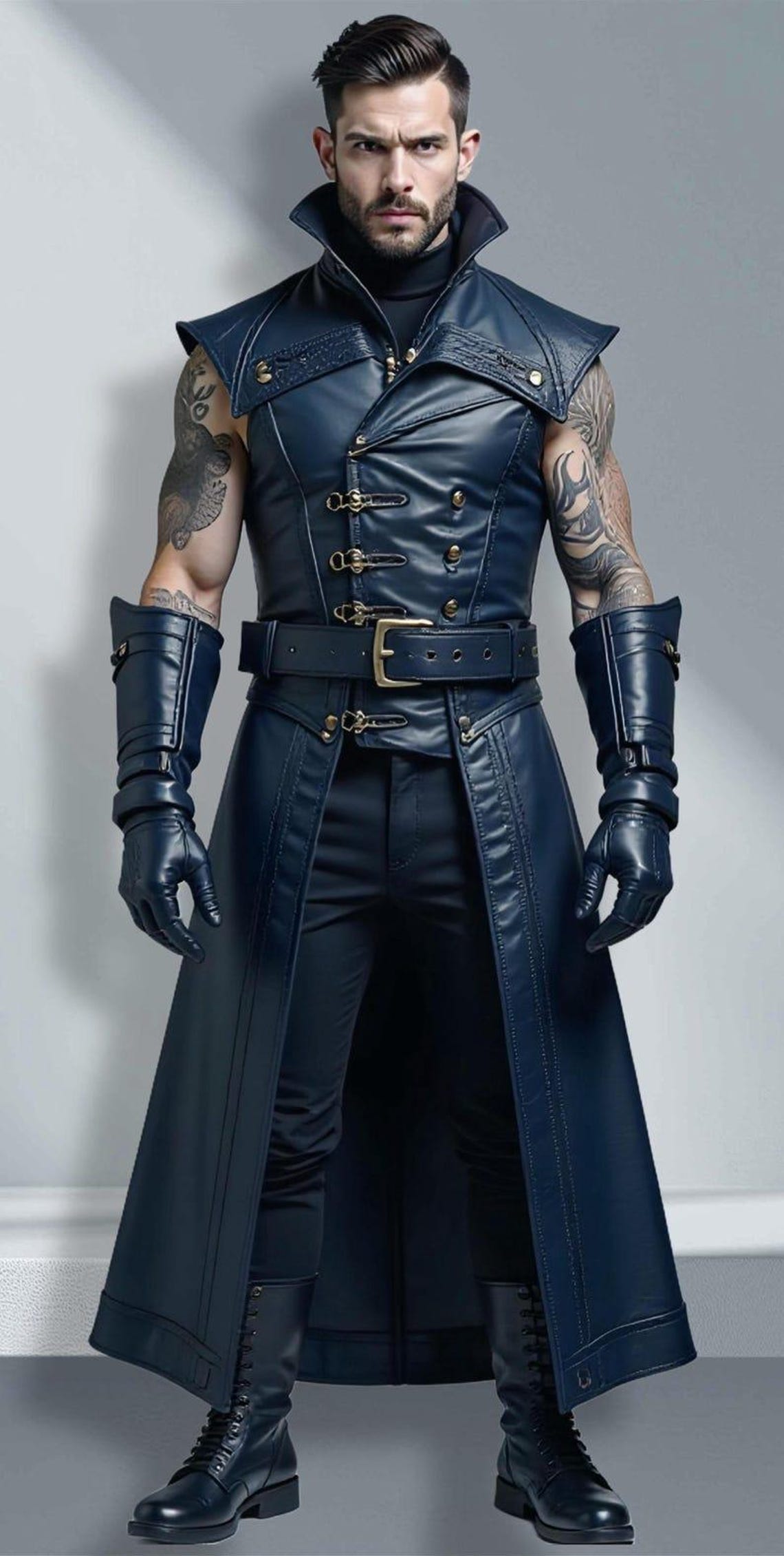Men's Midnight Cobalt Leather Vampire Trench Coat - Sleeveless Gothic ...