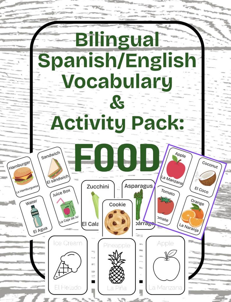 Bilingual Food Vocabulary Cards: English & Spanish Learning (printable ...