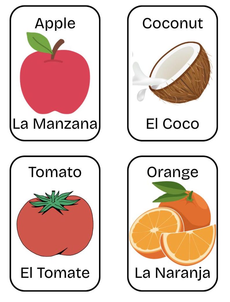 Bilingual Food Vocabulary Cards: English & Spanish Learning (printable ...