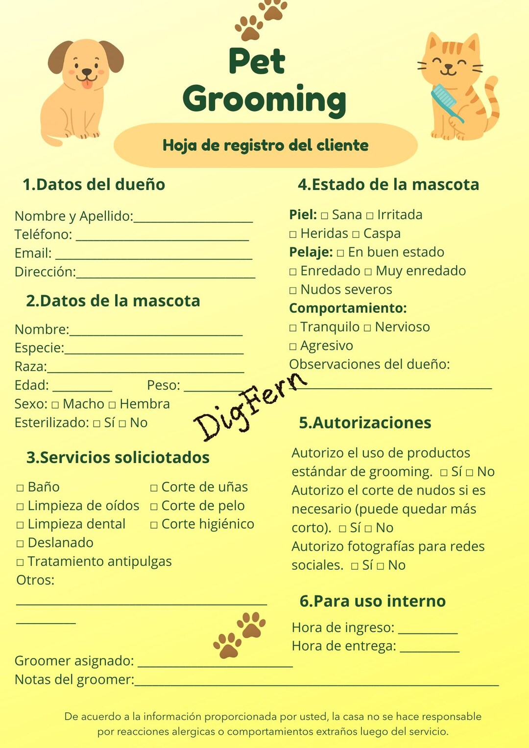 Editable and Printable Form for Pet Grooming, Customer and Pet ...