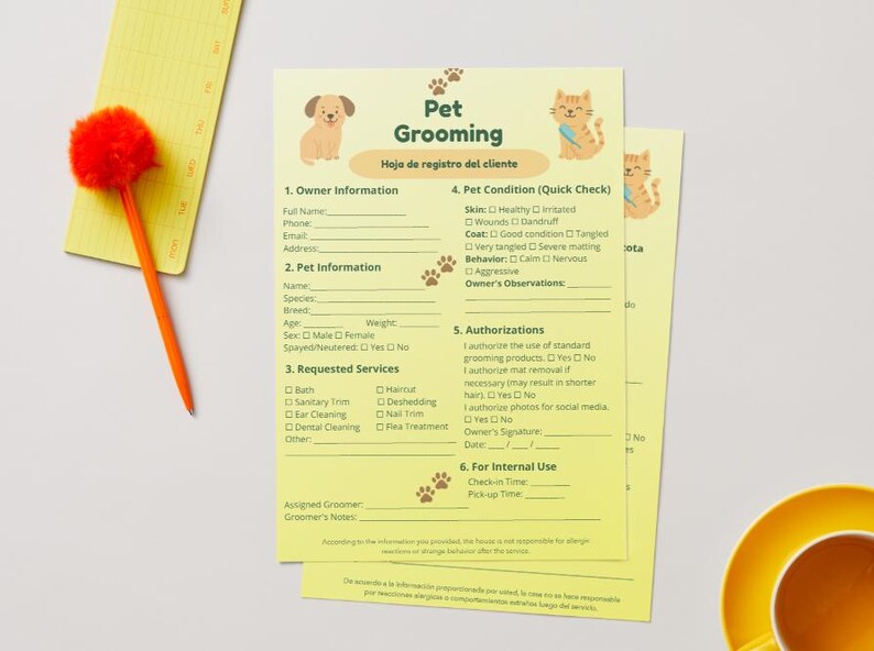 Editable and Printable Form for Pet Grooming, Customer and Pet ...