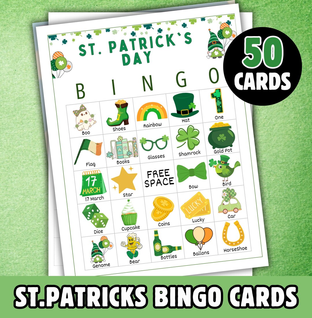 50 Printable St Patrick's Day Bingo Game Cards, 50 Unique Bingo Cards ...