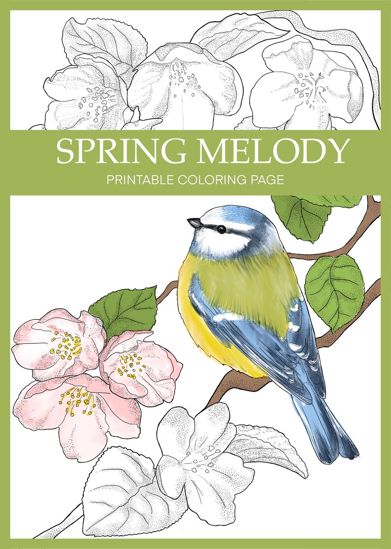 Bird and Flowers Coloring Page, Printable Spring Nature Coloring ...