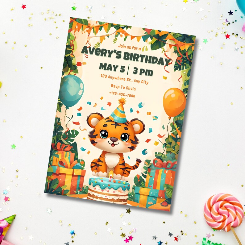 Tiger Birthday Card, Wild One Jungle Theme, Printable Kids Birthday ...