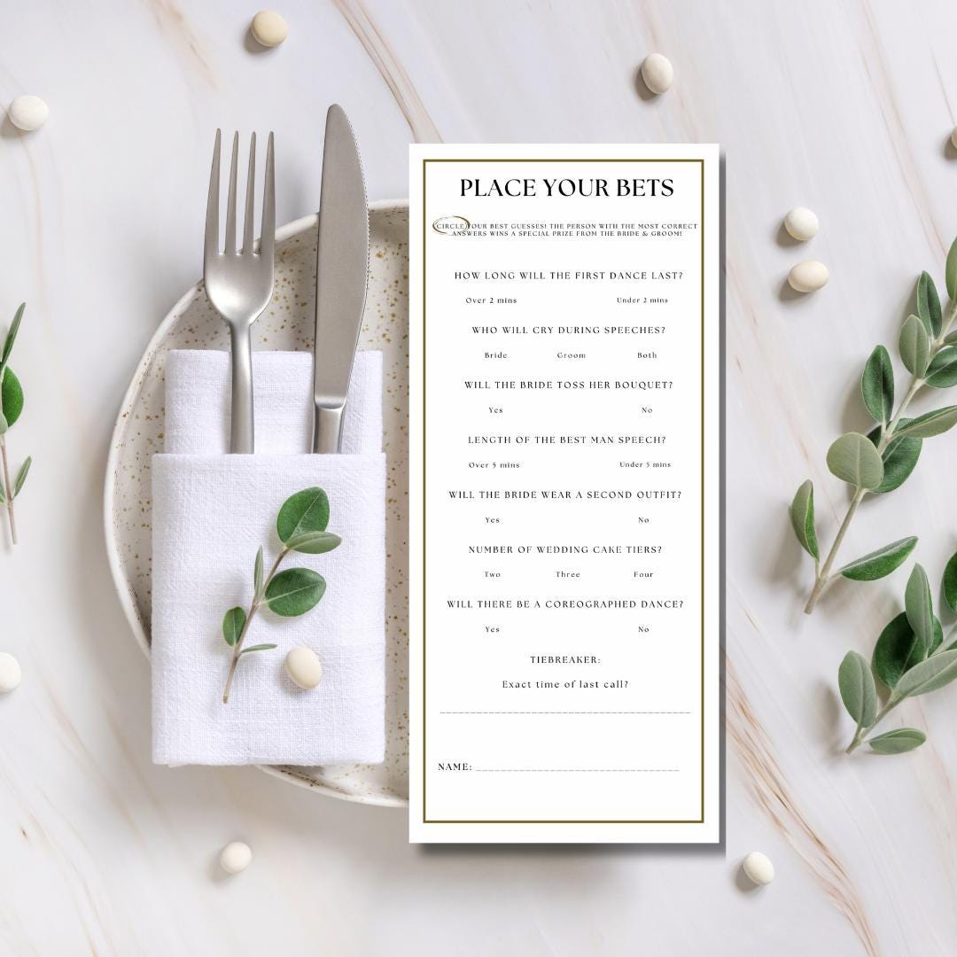 Gold Wedding Place Your Bets, Prop Bets Card, Fun Reception Game ...