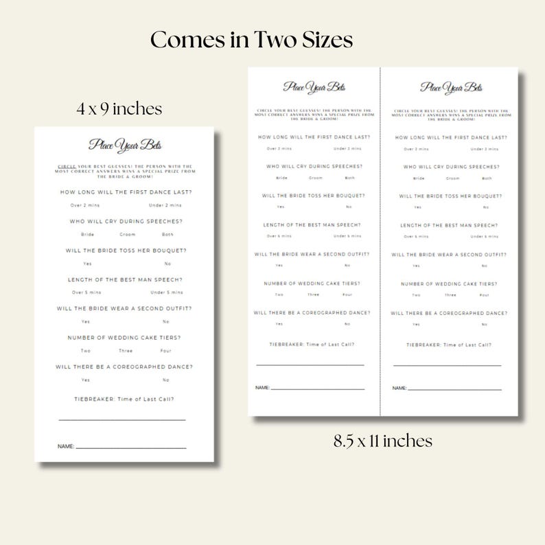 Customizable Wedding Place Your Bets Bundle, Prop Bets Card, Fun ...