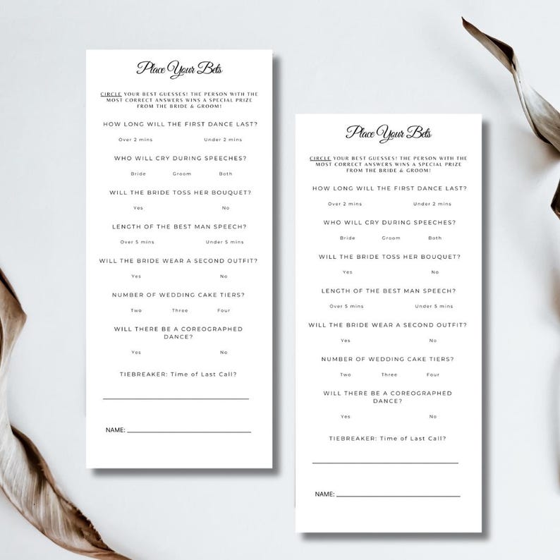 Customizable Wedding Place Your Bets Bundle, Prop Bets Card, Fun ...