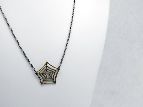 Spider Web Necklace in Antique Brass Halloween Jewelry | Etsy