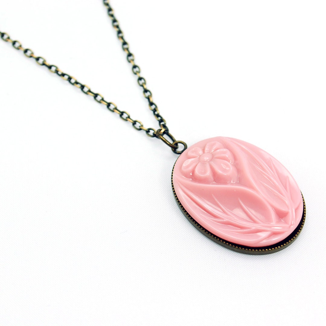 Pink Flower Cameo Necklace in Antique Brass - Flower Necklace, Cameo ...