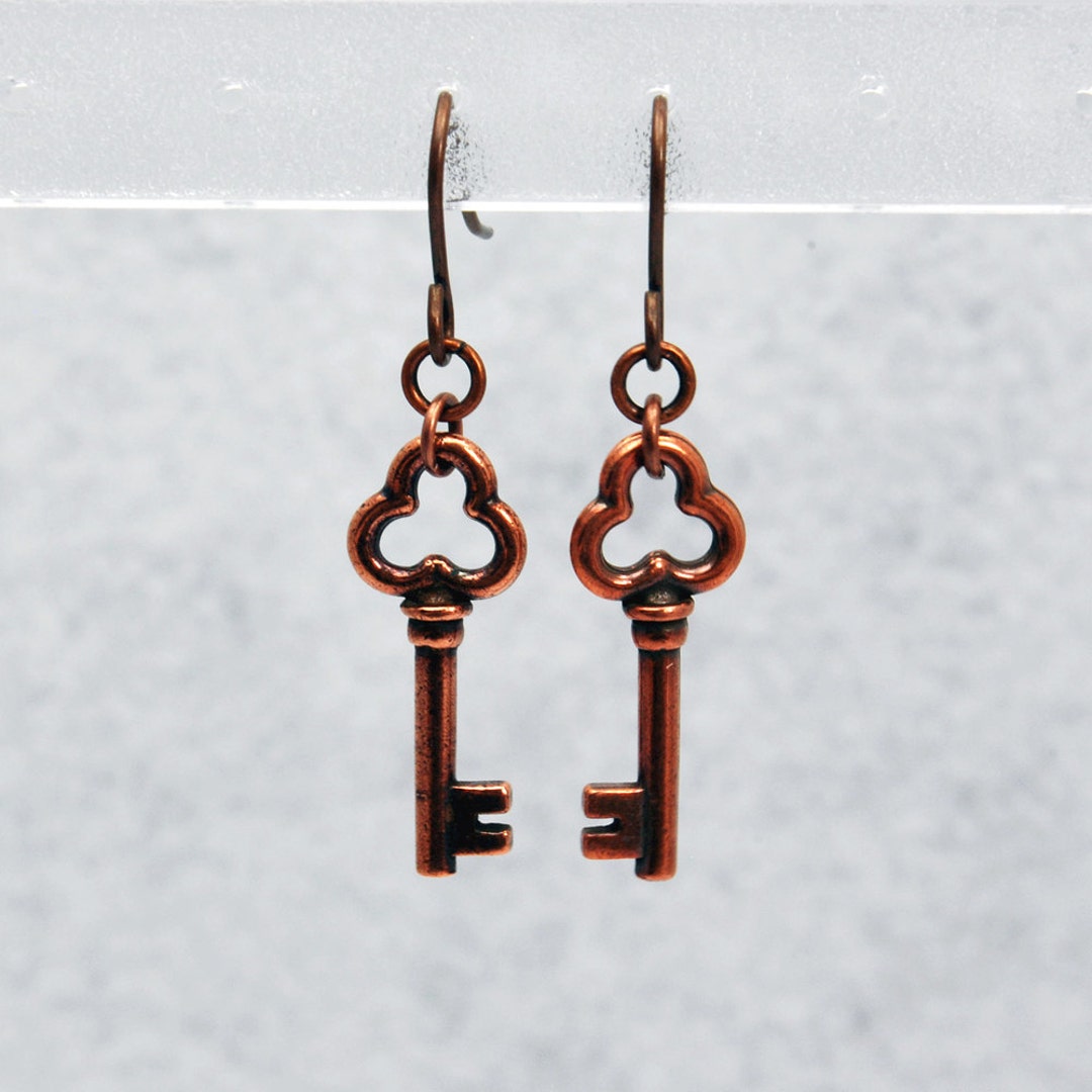 Copper Clover Key Earrings - Copper Key Earrings, Steampunk Earrings ...