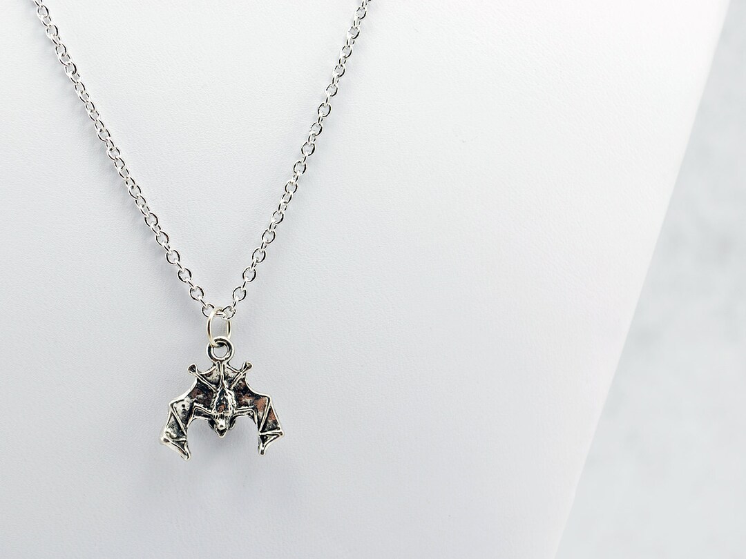 Silver Bat Necklace - Hanging Bat Necklace, Silver Halloween Necklace ...