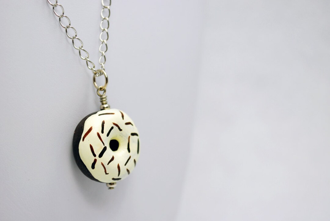 Donut Necklace Vanilla Iced Chocolate Pendant in Silver - Doughnut ...