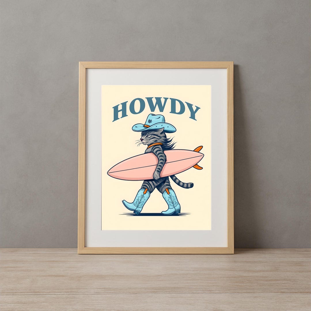 Surf Cat Wall Art – Retro Printable Howdy Cat With Surfboard, 70s ...