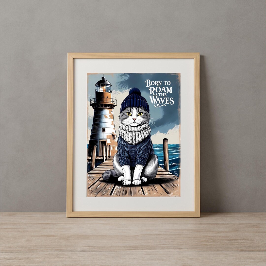 Nautical Cat Art Print – Rustic Coastal Wall Decor With Lighthouse ...