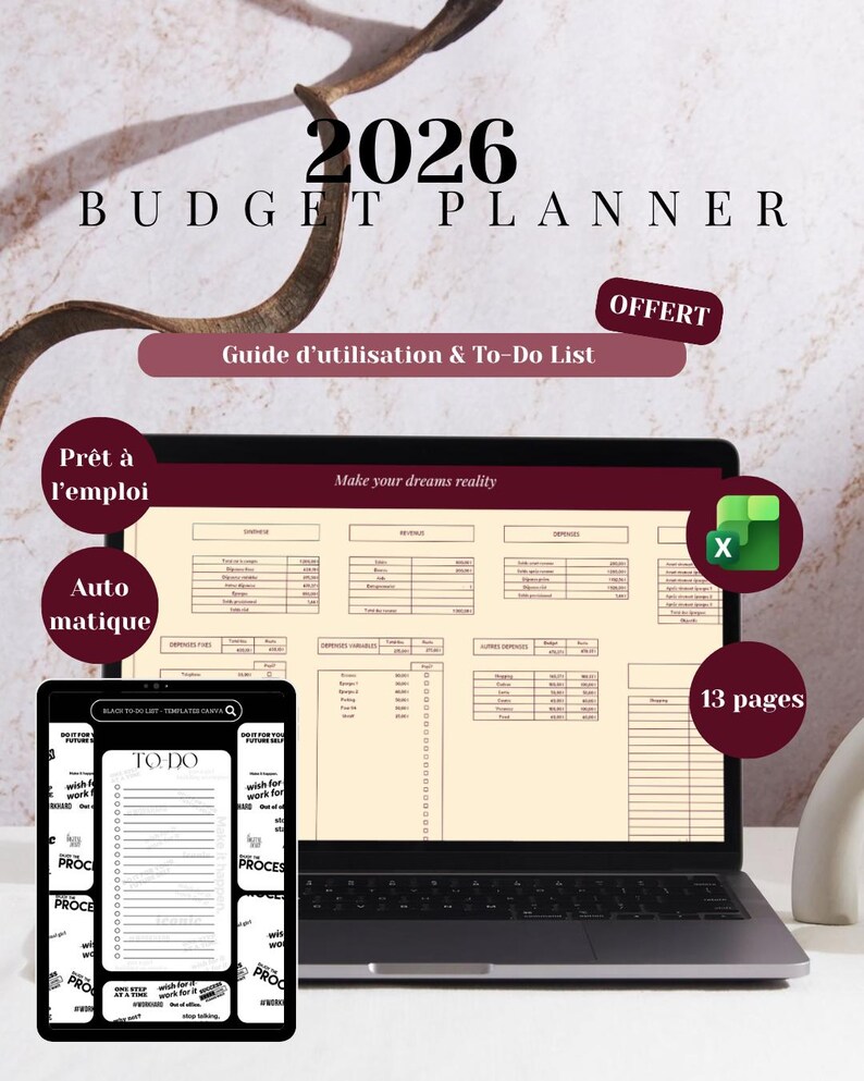 Excel Budget Planner (XLSM) – Bordeaux & Cream Version – Digital Budget ...