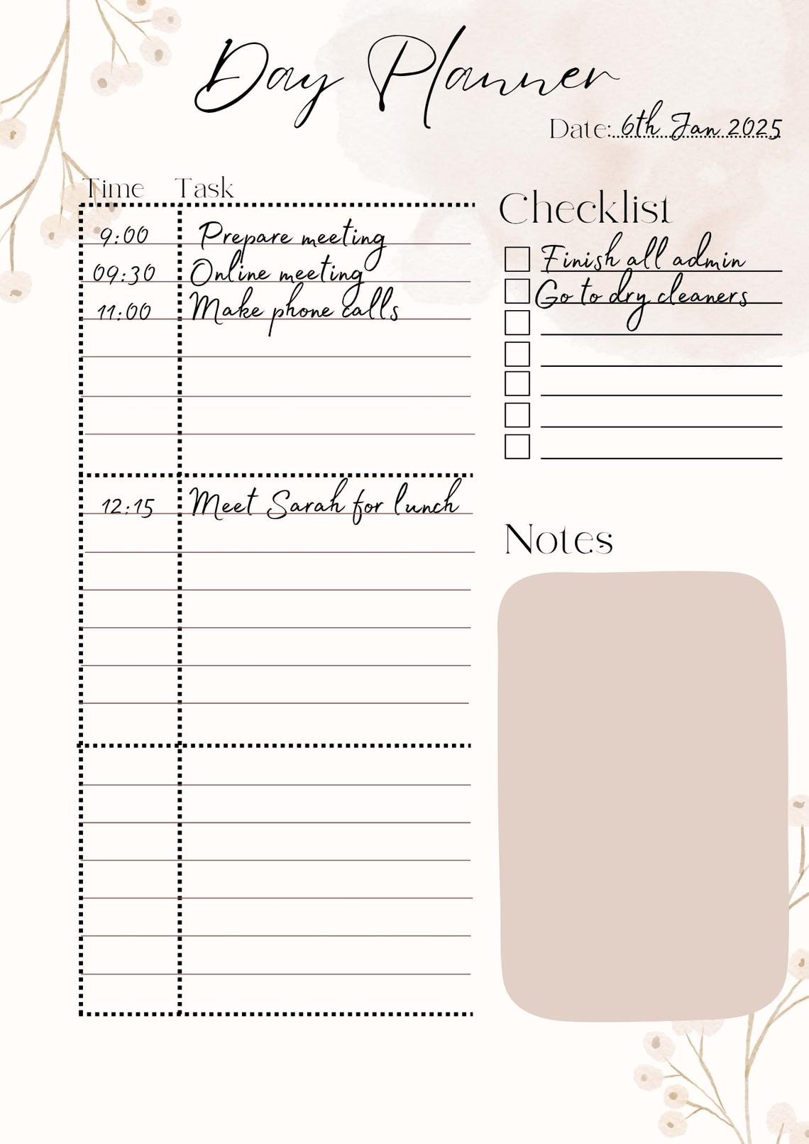 Daily Planner Floral Beige Calendar Canva Printable - Etsy