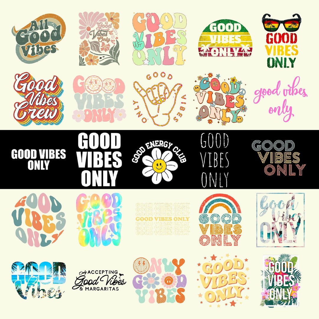 „Nur gute Laune“-PNG-Bundle, positive Retro-Sommer-Regenbogen-Zitate ...