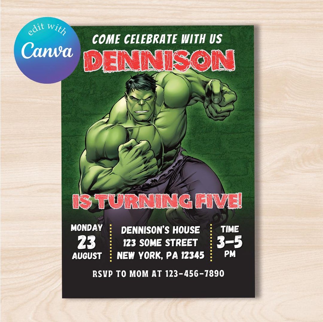Editable Hulk Super Heroes Birthday Invitation, Printable Hulk Birthday ...