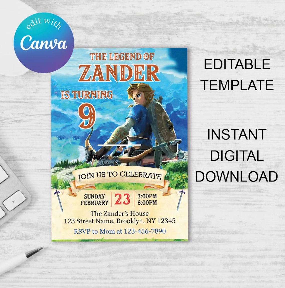 Editable the Legend of Zelda Birthday Invitation, Video Gamer Invite ...