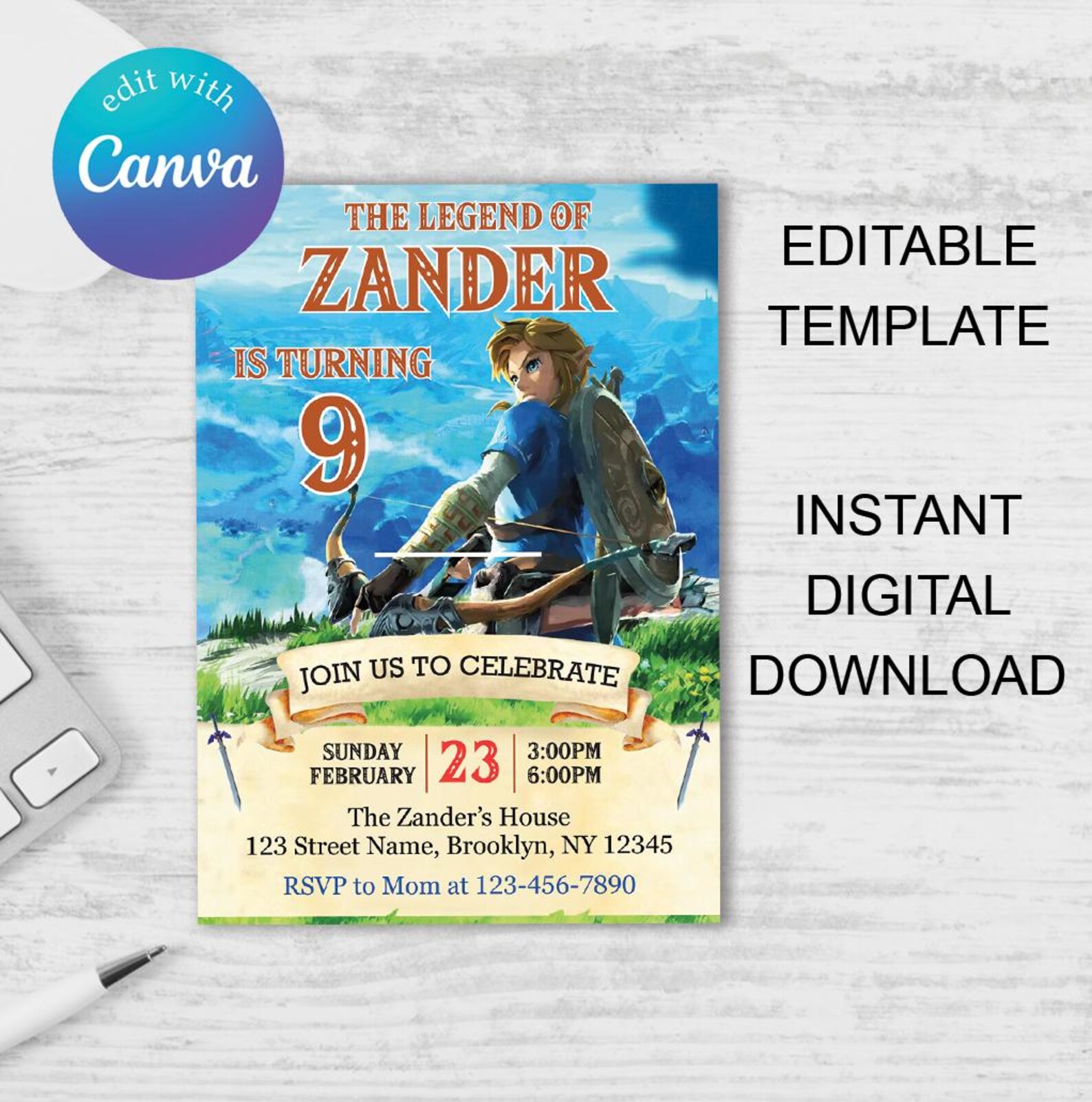 Editable the Legend of Zelda Birthday Invitation, Video Gamer Invite ...