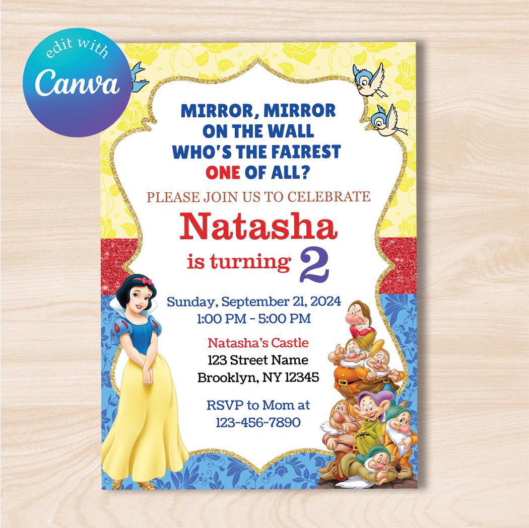Princess Snow White Kids Birthday Party Invitation Template, Girl ...