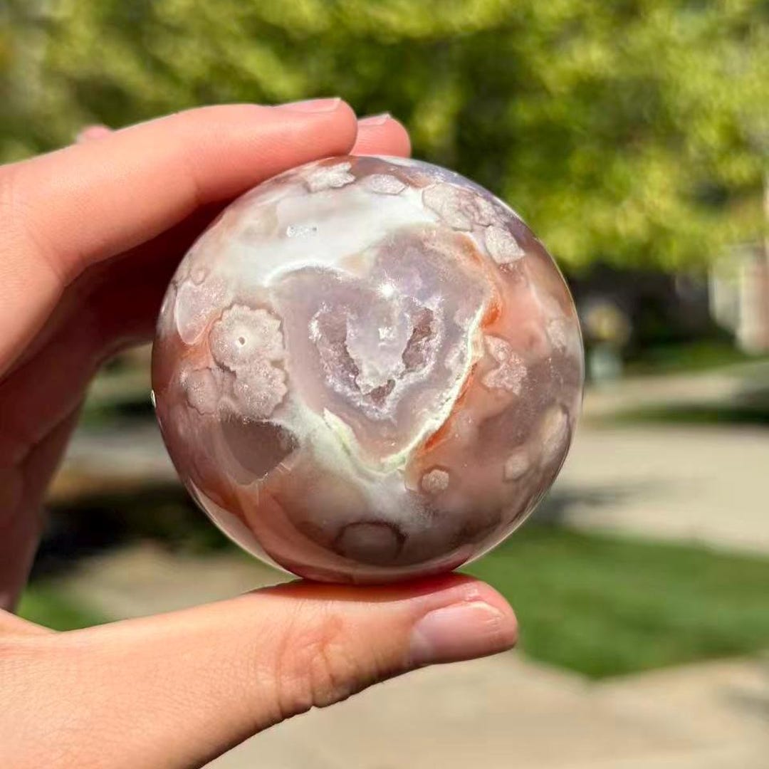 Flower Agate Sphere With Heart Geode: Crystal Ball, Calming Energy ...