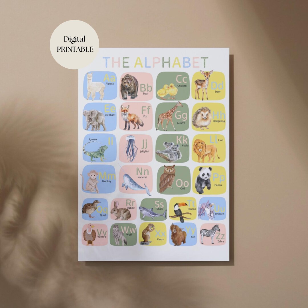 Animal Alphabet Poster - A-Z Colourful Nursery Wall Art (digital ...