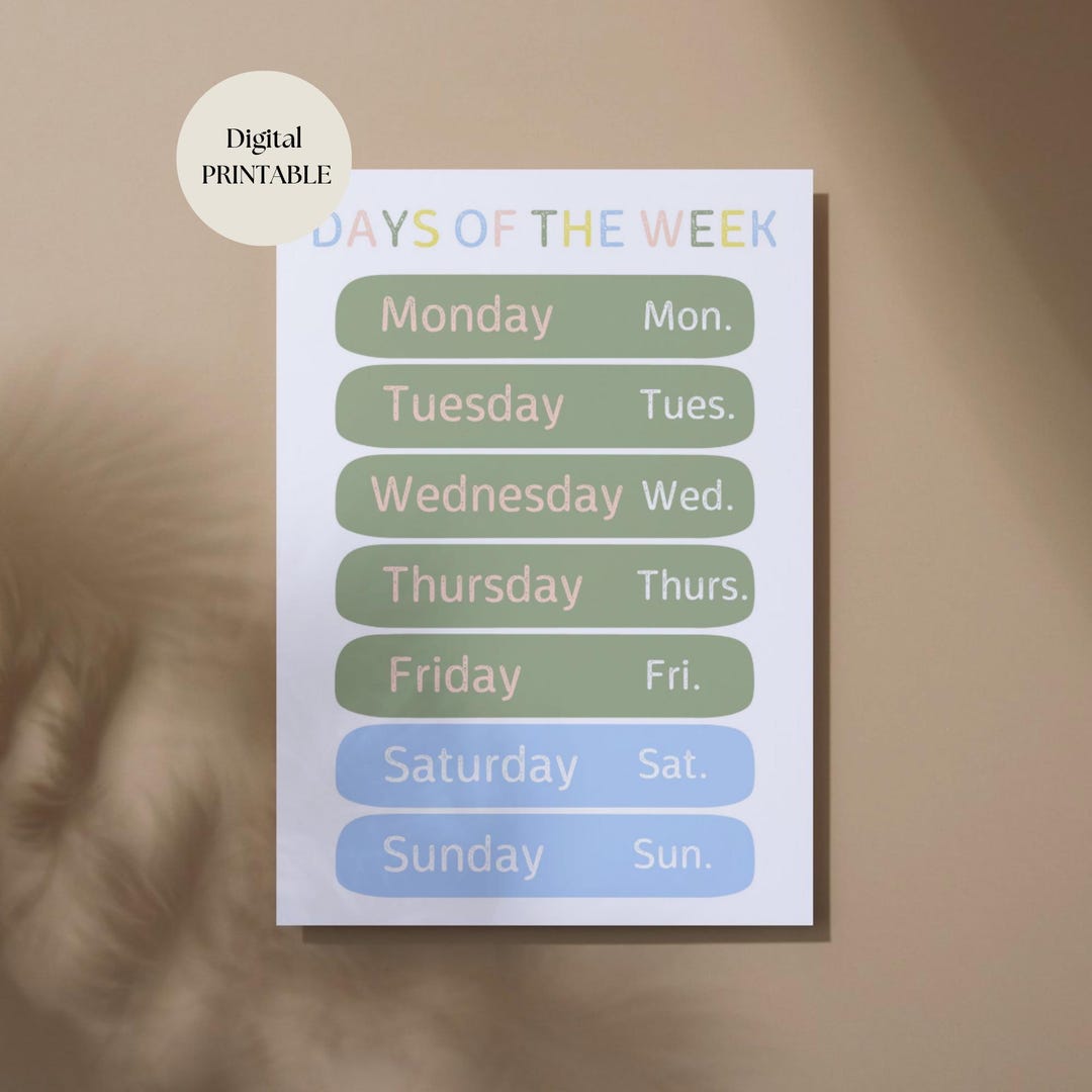 Minimalist Days of the Week Poster – Digital Printable for Kids ...