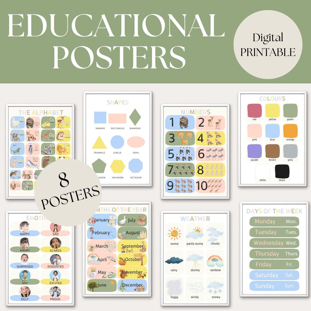 Educational Set of 8 Posters Colourful Classroom Decor Bundle Toddler ...