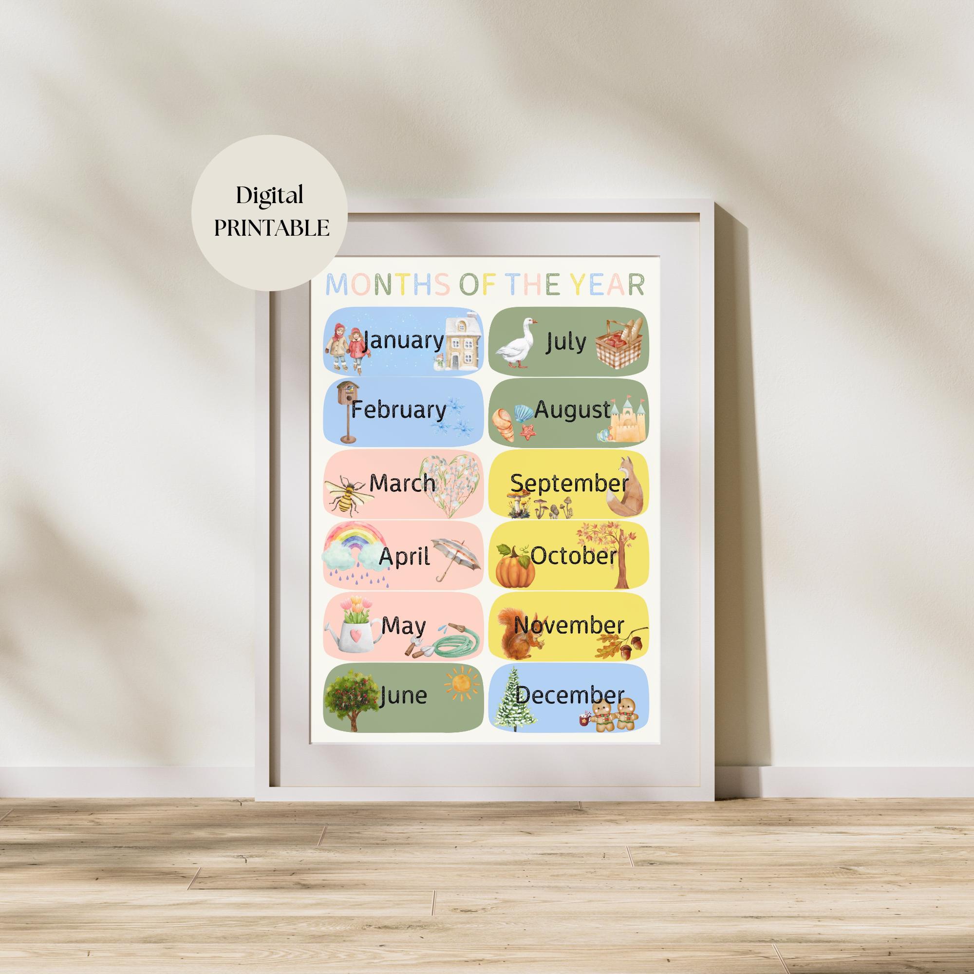 Months of the Year Educational Poster Toddler Playroom Decor Classroom ...