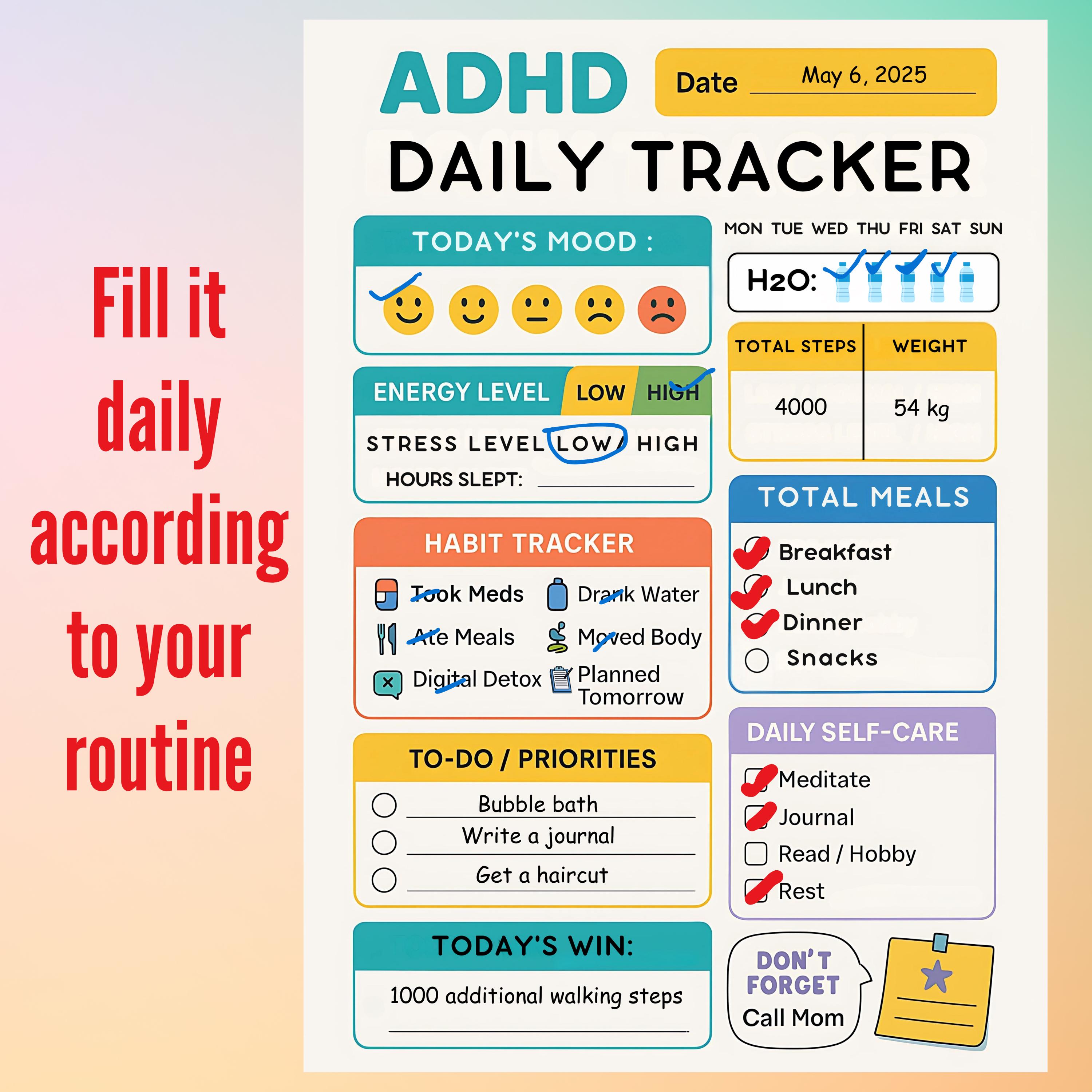 Printable ADHD Daily Tracker | Focus & Productivity Planner | Daily ...