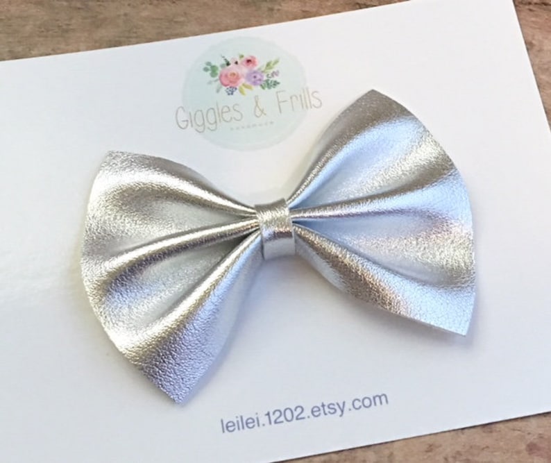Silver Hair Bow Metallic Silver Bow Silver Leather Bow | Etsy