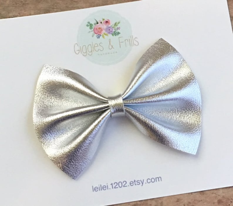Silver Hair Bow Metallic Silver Bow Silver Leather Bow | Etsy