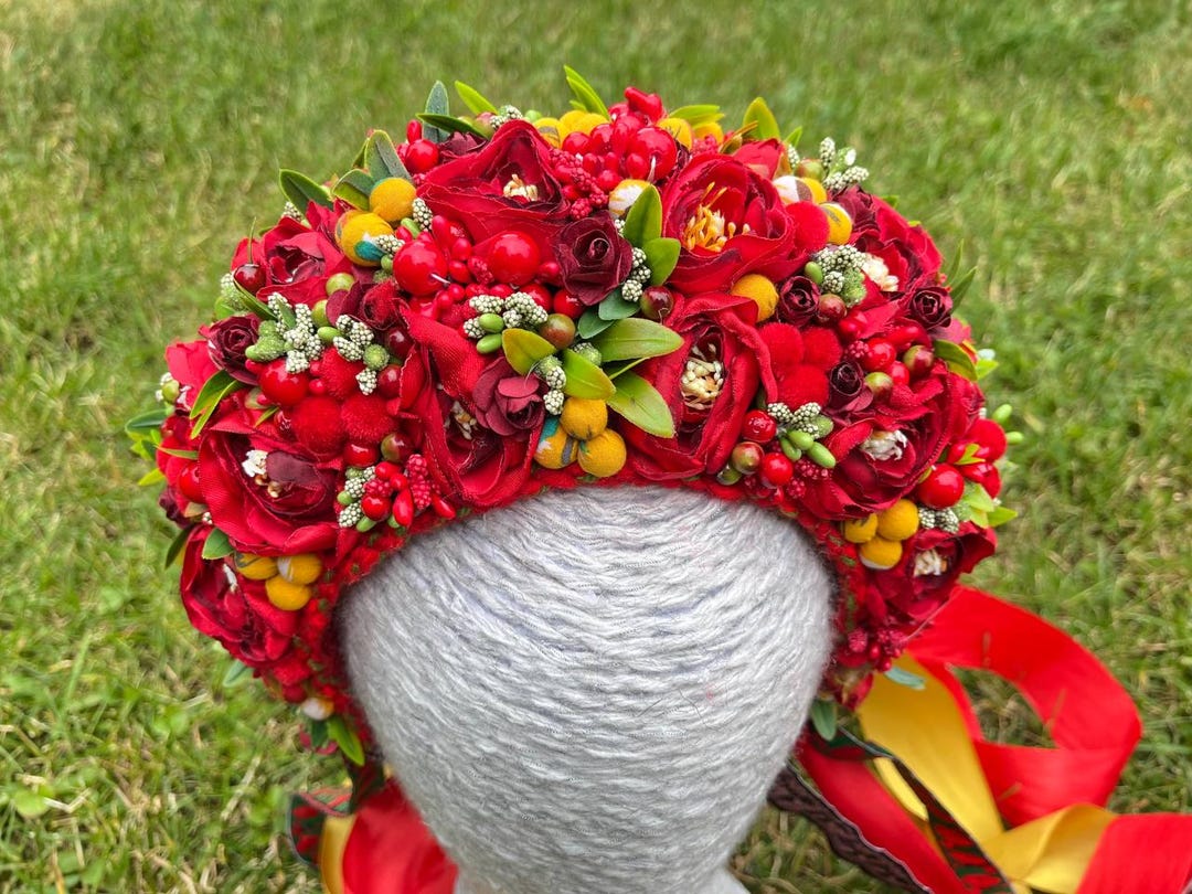 Red Floral Ukrainian Crown – Handmade Flower Wreath With Ribbons ...