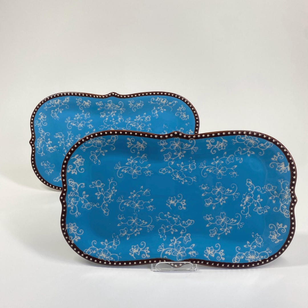 Temptations Set of 2 Floral Lace Aqua Bright Blue Beaded Edge Serving ...