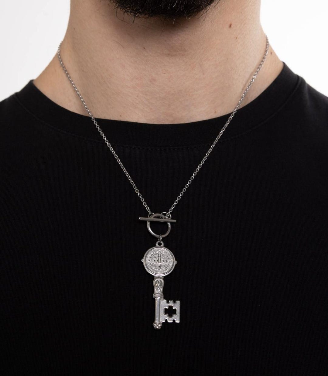 St. Benedict Key Necklace, Stainless Steel Catholic Medal Cross Pendant ...