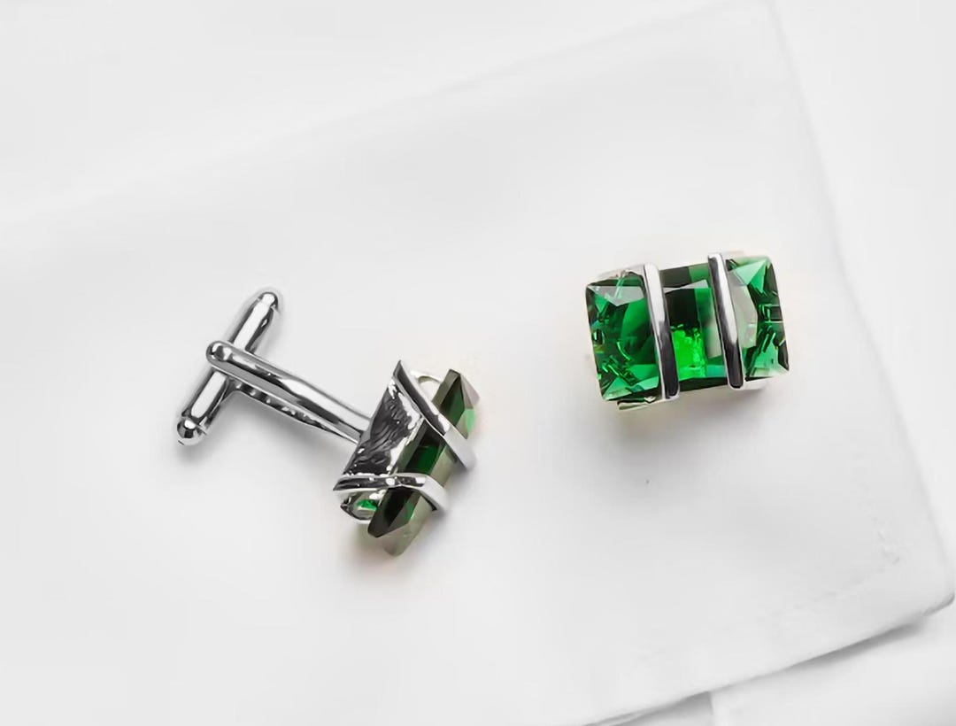 Elegant Green Emerald Cufflinks/ Silver Emerald Green Gemstone Cuff Links/ Minimalist Luxury ...