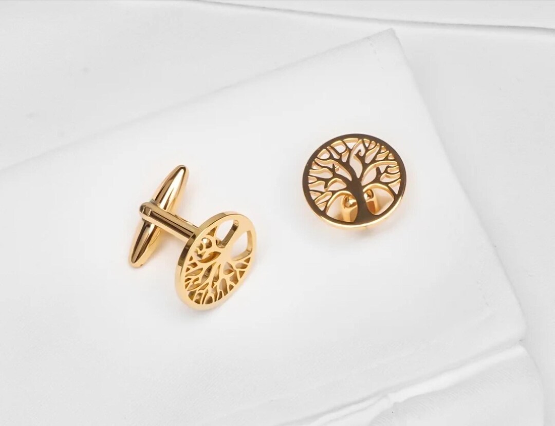 Gold Tree Groomsmen Cufflinks - Tree of Life Cuff Links - Gold Round ...