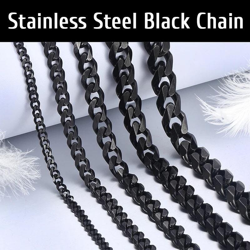 Men’s Black Cuban Chain Necklace, Stainless Steel Chain, Waterproof ...