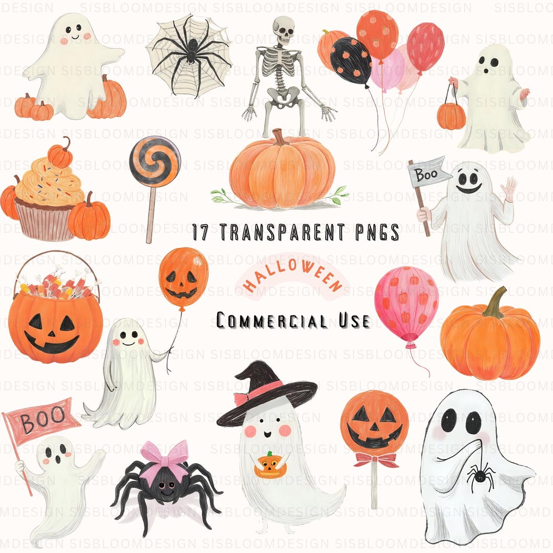 Cute Ghost Clipart Set (halloween PNG): Watercolor Set, Commercial ...