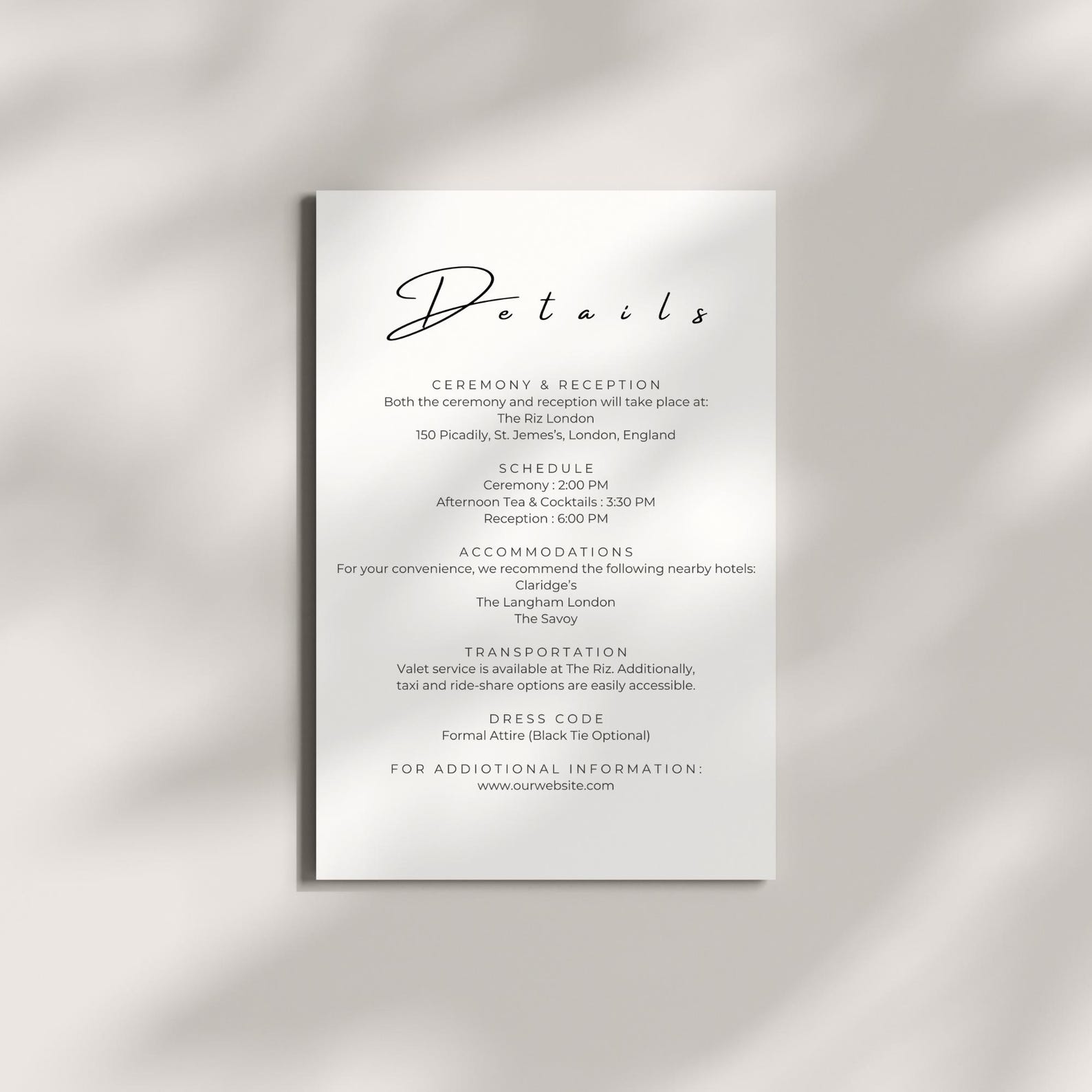 Wedding Invite I Details Card TEMPLATE I Editable Invitation Insert ...